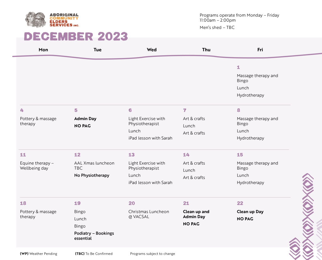 Planned Activity Group schedule for November and December 2023 ...