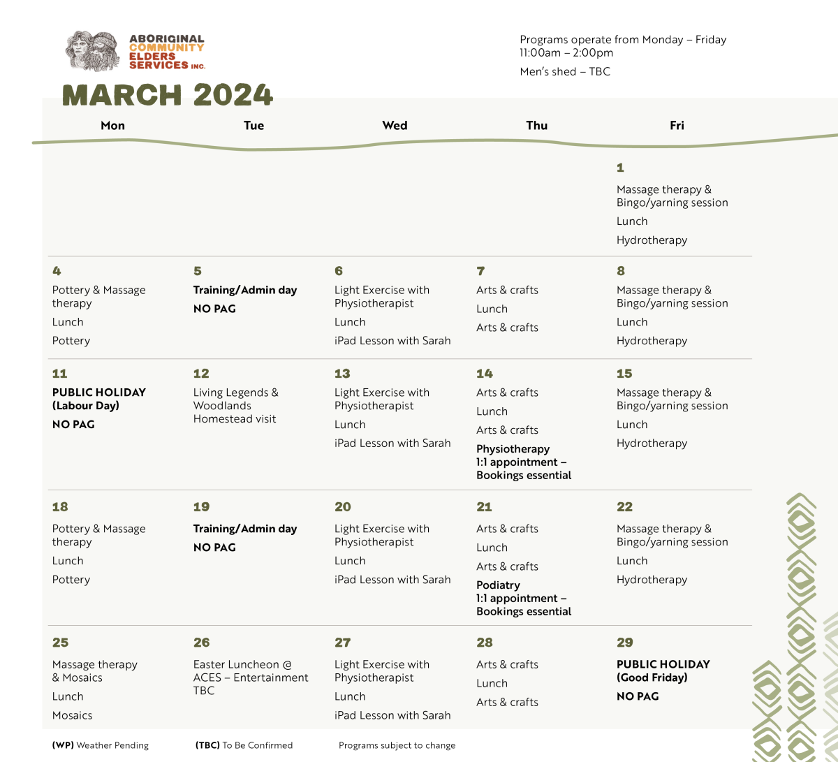 Planned Activity Group schedule for March 2024 – Aboriginal Community ...