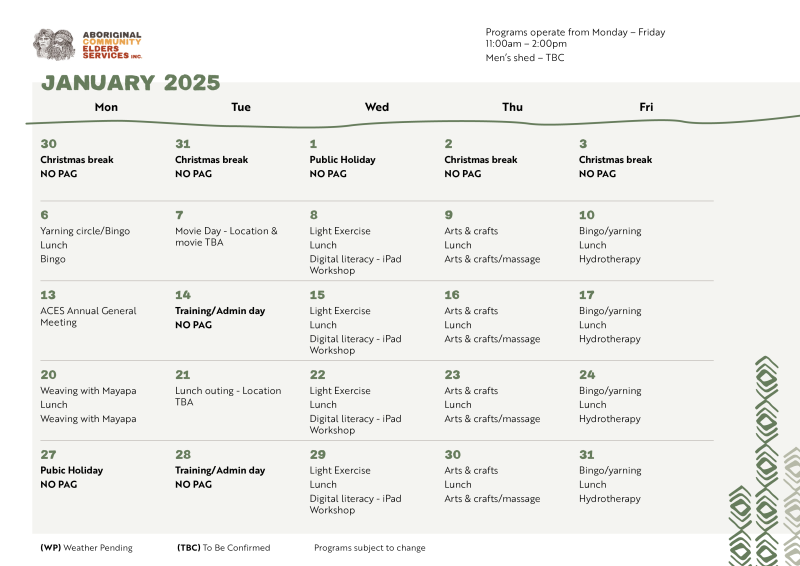 Planned Activity Group schedule for January 2025 – Aboriginal Community ...